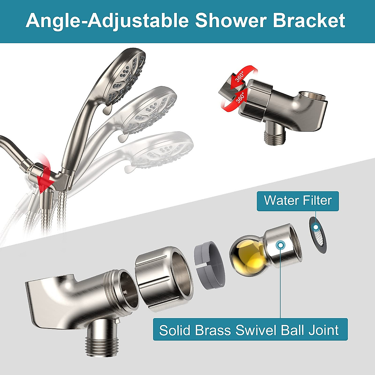 High Pressure Handheld Shower Head Brushed Nickel, 6 Spray Settings Shower Head with Handheld, 4.3 Inch High Flow Hand Held Rain Showerhead with Stainless Steel Hose, Adjustable Bracket