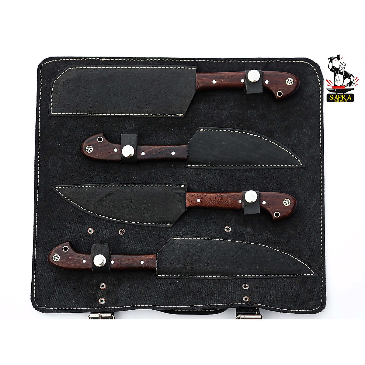 Sapra Hand Forged Custom Made Damascus Steel 4 Pcs Outdoor BBQ Professional Utility knives chef knife set for kitchen with Handmade Leather Roll Bag P-2090-R-KCS