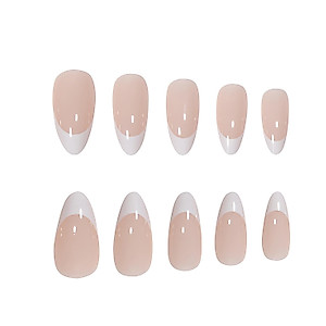 White French Tip Press on Nails Almond Shape Fake Nails Nude Medium False Nails Acrylic Artificial Nails Simple Glue on Nails Finger Decorations for Women 24Pcs
