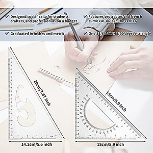5 Pieces Drafting Tools Plastic Transparent Rulers Drawing Ruler 12 Inch T-Square 180 Degree Protractor, 2 Triangles and a French Curve for Students and Engineering Drawing