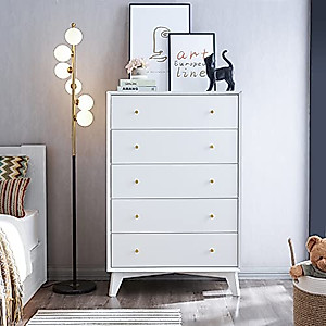 T4TREAM 5 Drawer Dresser for Bedroom, 48" Tall Mid-Century Modern Chest of Drawers, Beveled Profile Design, Wood Drawer Organizer for Bedroom, Living Room, Hallway and Entryway, Solid White