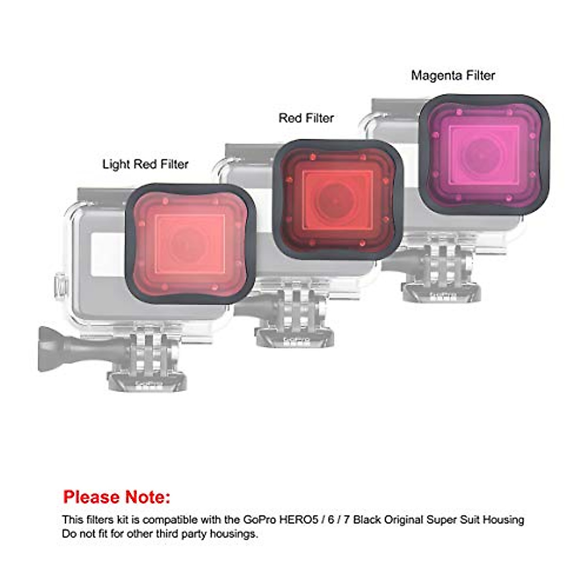 Underwater Camera Dive Filters for GoPro Hero 5, 6 and 7 Black Super Suit Waterproof Housing Case in Red, Light Red, and Magenta, Professional Color Correcting Photography Accessory