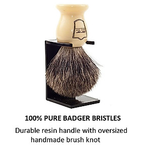 Parker 100% Pure Badger Bristle Shaving Brush - Brush Stand Included - Faux Ivory Handle