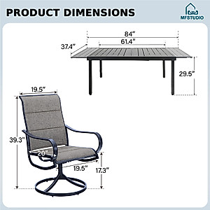 MFSTUDIO 7-Piece Metal Outdoor Patio Dining Furniture Set with 6 Padded Sling Swivel Chairs and 1 Expandable Outdoor Dining Rectangle Table