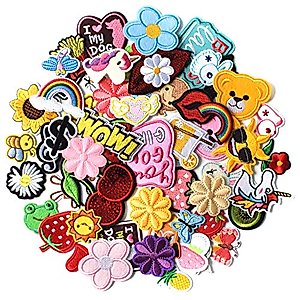 AXEN 60PCS Embroidered Iron On Patches DIY Accessories, Random Assorted Decorative Patches , Cute Sewing Applique for Jackets, Hats, Backpacks, Jeans, 60 Pieces Package