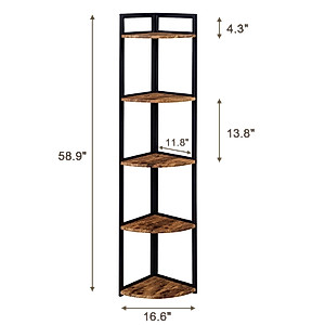 SUPERJARE Corner Shelf, Industrial 5-Tier Wall Corner Bookshelf with Metal Frame, Corner Shelf Stand Display Plant Flower, Corner Bookcase for Home, Office, Kitchen - Rustic Brown