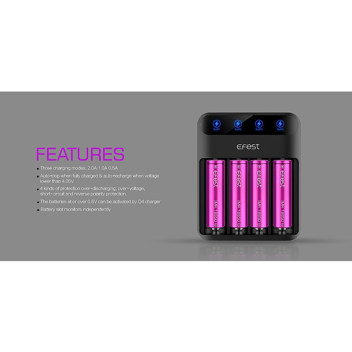 Efest LUSH Q4 Intelligent LED Battery Charger for 20700 / 18650 / 26650 / 26500 / 18500 / 18350 / 17340 / 16340 / 14500 / 10440