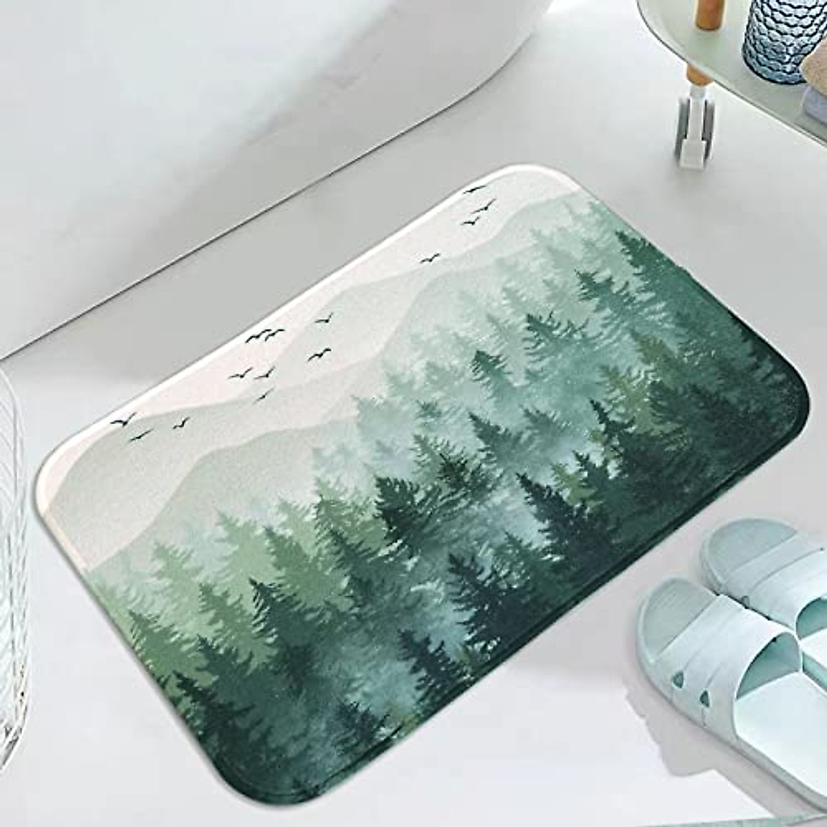 Accnicc Green and White Misty Forest Shower Curtain Bundle with Green Misty Forest Small Bathroom Rugs Mat Non-Slip Bath Rugs