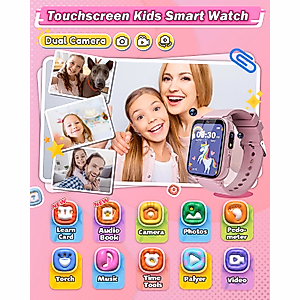 Sueseip Kids Smart Watches Girls Toys Age 6-8, HD Touchscreen Dual Cameras Kids Watch for Girls Ages 8-10, Kids Toy with 35 Games MP3 Learn Card for 5 6 7 8 9 Year Old Girls Christmas Birthday Gifts