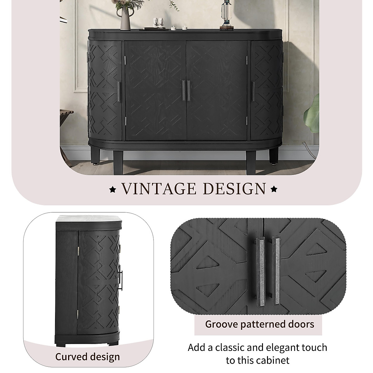 SZUBEE Antique Pattern Accent Storage, Cabinet with Wooden Sideboard-Ideal for Hallway, Entryway, Living Room, Bedroom, Black