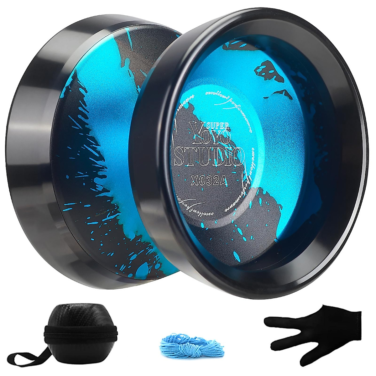 YOYOSTUDIO Yoyo Professional Unresponsive Yoyos with Dual Aluminum Alloy Rings, Pro Tricks Yo yos for Adults, Metal Yoyo for Kids Beginners with Strings, Gloves & Case Black and Blue (Black Ring)