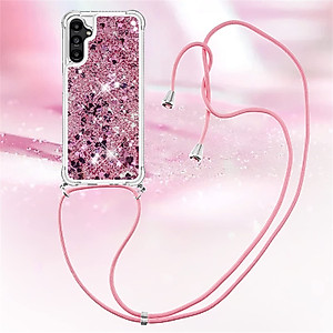 Ephoou Glitter Case for Samsung Galaxy A14 with Adjustable Lanyard Neck Strap, Sparkle Transparent Quicksand Waterfall Soft TPU Liquid Cover for Samsung Galaxy A14 4G/ 5G LSGS-Rose Gold