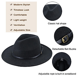 Classic Felt-Fedora Hat with Belt Buckle Women Wide Brim Wool Panama-Hat Adjustable（Size：S-M）