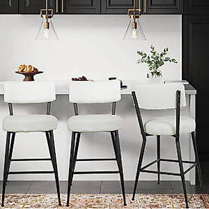 Sucrever 24” Boucle Bar Stools Set of 2, Counter Height Bar Stools with Back, Sherpa Barstools with Black Metal Legs/Footrest, Cream White
