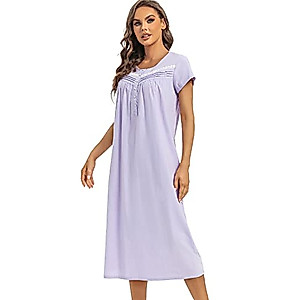 QRRLUEN Women's Nightgown Short Sleeve Cotton Mid Length Sleepwear Soft Comfy Button Loungewear Night Dress lilac colour