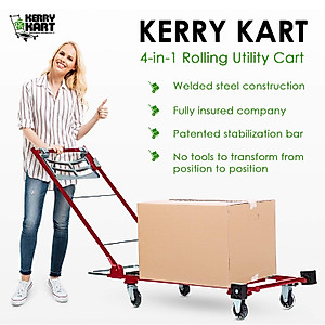 Kerry Kart 4-in-1 Rolling Utility Cart, Trolley and Moving Dolly with Folding 3-Step Ladder – Move Boxes, Furniture and Appliances with 1 Foldable Cart and Step Stool (Red)
