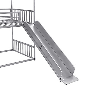 Harper & Bright Designs Twin Over Twin Metal Bunk Bed with Slide and Stairs, Low Bunk House Bed for Kids, Floor Bunk Bed, Modern Style Heavy-Duty Steel Frame (Silver)