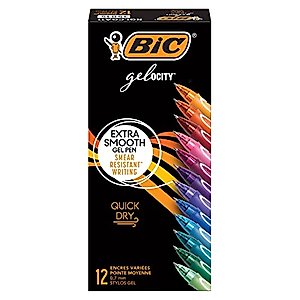 BIC Gel-ocity Quick Dry Assorted Colors Gel Pens (Colors May Vary), Medium Point (0.7mm), 12-Count Pack, Retractable Gel Pens With Comfortable Full Grip (RGLCGA11-AST)