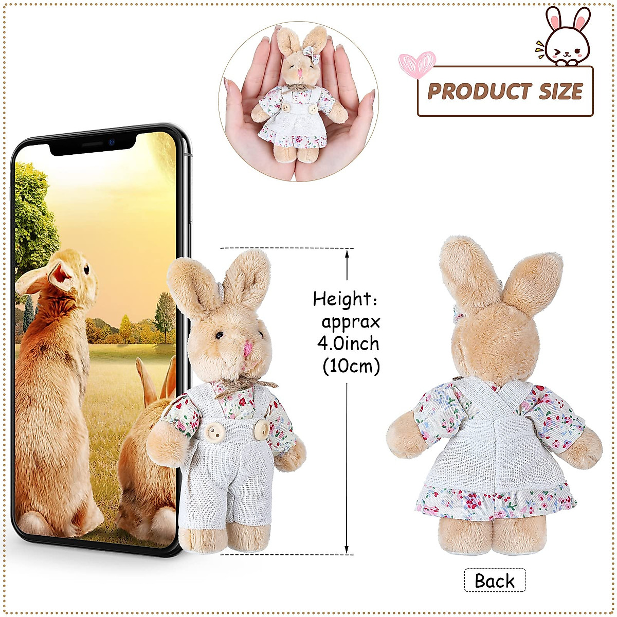 Skylety 12 Pcs Mini Bunny Plush Stuffed Animal Small Couple Easter Rabbit Plushie Burlap Floral Baby Shower Decoration Cute Soft Bunny for Valentines Birthday Party Favor, 4 Inch (Cute Style)