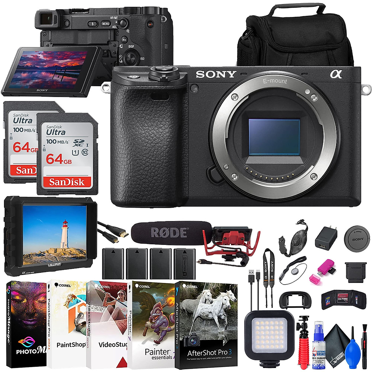 Sony a6400 Mirrorless Camera (ILCE-6400/B) + 4K Monitor + Rode VideoMic + 2 x 64GB Card + 3 x NPF-W50 Battery + Card Reader + LED Light + Corel Photo Software + Case + More (Renewed)