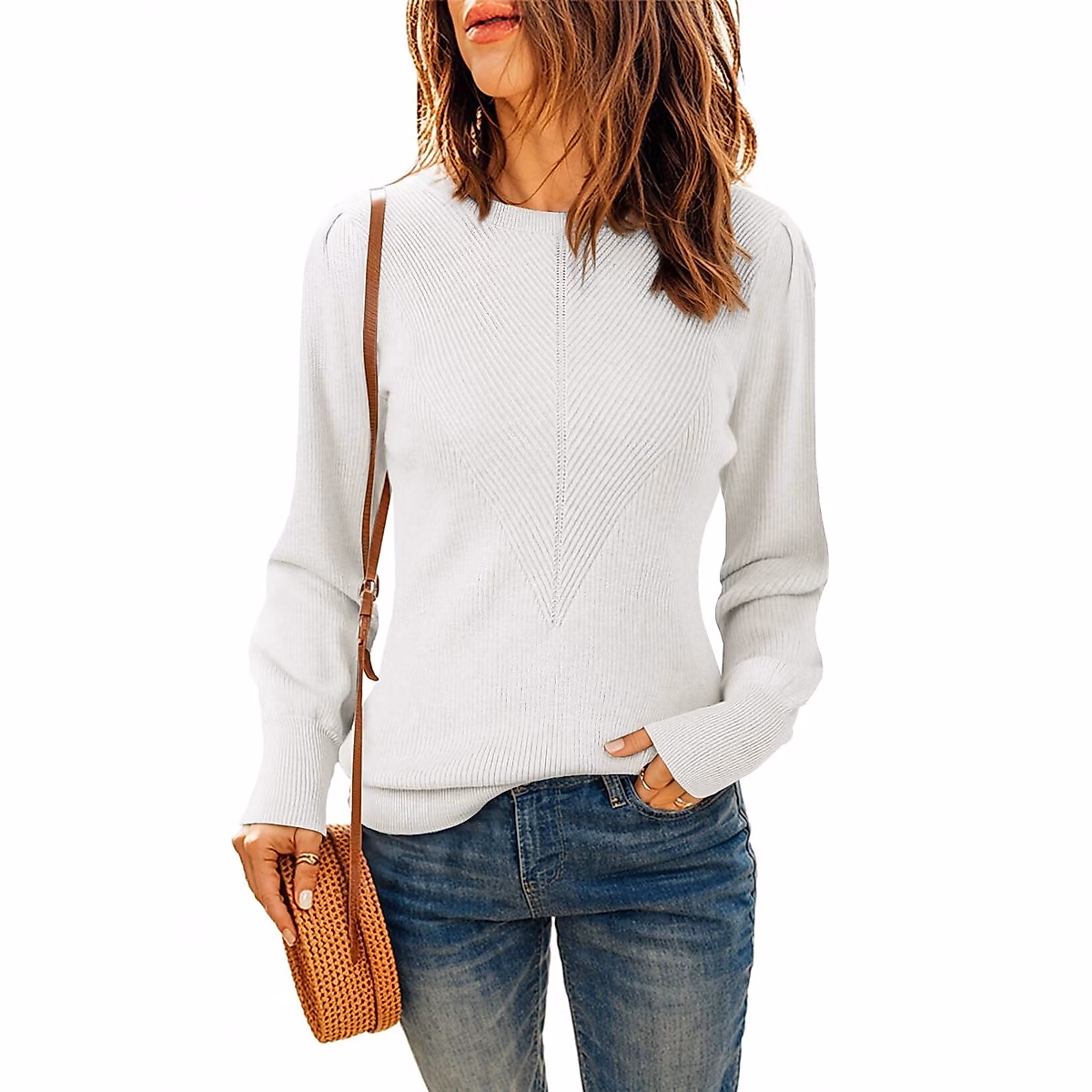 Dokotoo Women's Crewneck Puff Long Sleeve Ribbed Knit Sweater Casual Loose Solid Stretchy Pullover Jumper Tops Lightweight Sweaters for Women White Small