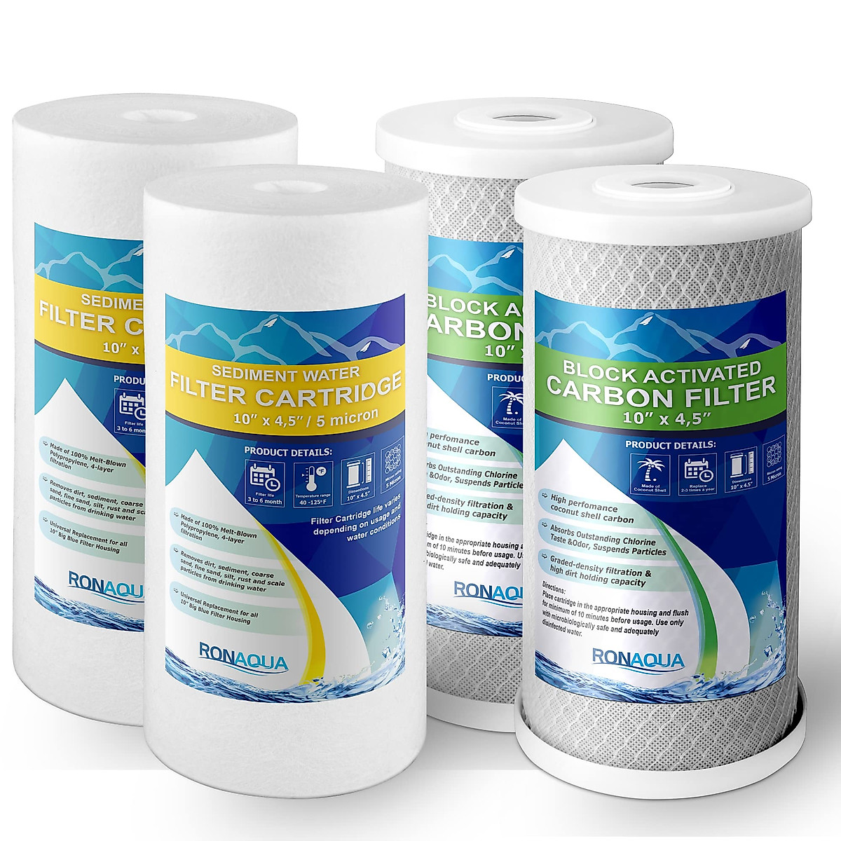2 High Capacity Coconut Shell Carbon Block & 2 Big Polypropylene Sediment 5 Micron 4.5" x 10" Water Filter Cartridges for Universal Whole House System COMPATIBLE WITH: FC15BX4, 155358-43, DGD-5005-10