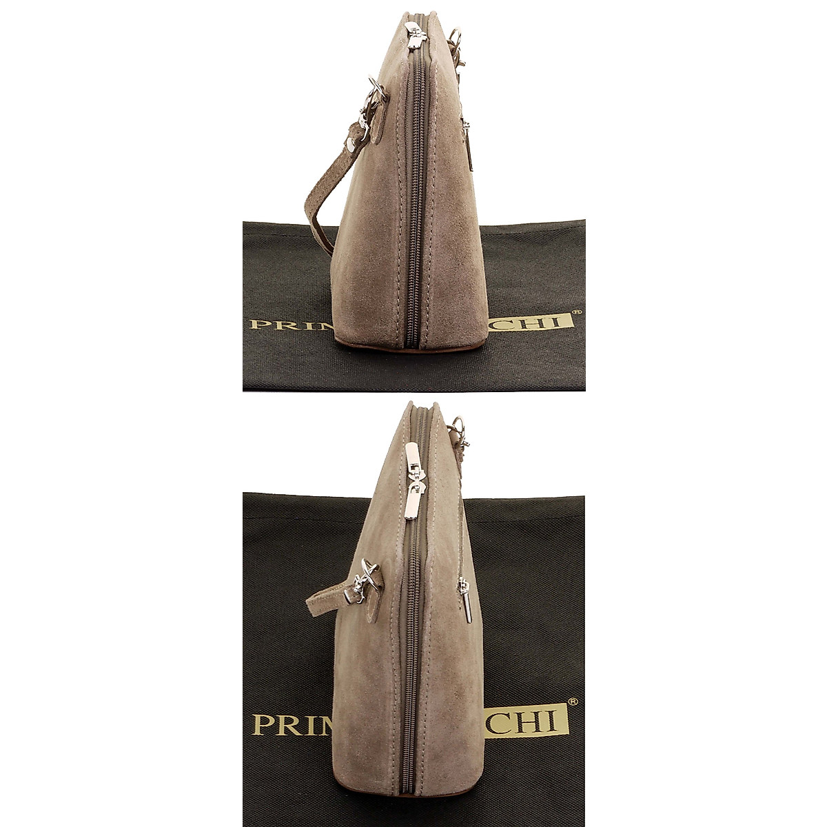PRIMO SACCHI Ladies Italian Suede Leather Small Micro Dark Beige Crossbody Shoulder Bag Handbag Purse