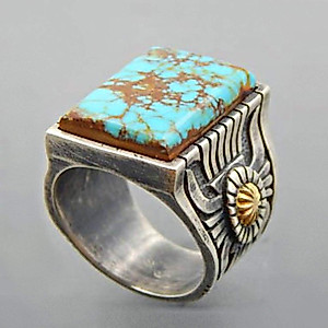 ink2055 Rings for Women Teen Girls,Retro Engraved Sunflower Faux Turquoise Inlaid Ring Women Banquet Jewelry Gift,Mothers Day Gifts,Gifts for Women Men Girls - Us9