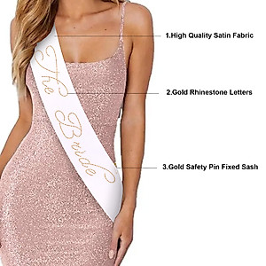 BAHABY Rhinestone Bride to Be Sash Bachelorette Party Favors Bachelorette Sash for Women Bridal Shower Gifts Engagement Party Decorations- White Sash with Gold Rhinestone