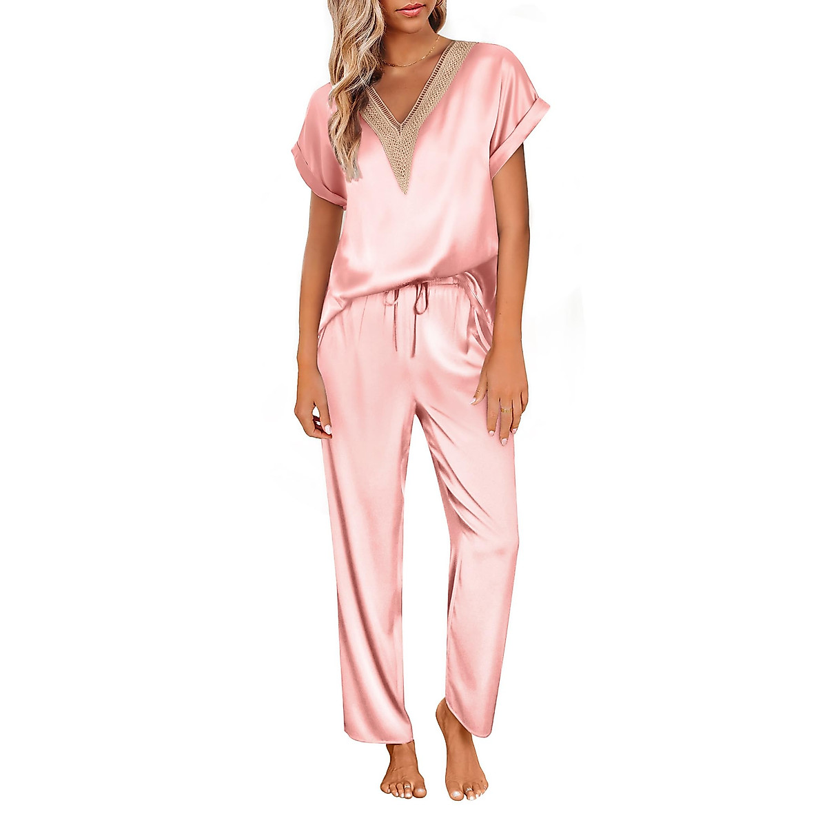 Ekouaer Womens Silk Pajamas Set Satin Pjs with Long Pants Short Sleeve Sleepwear Guipure V Neck Loungewear Pink