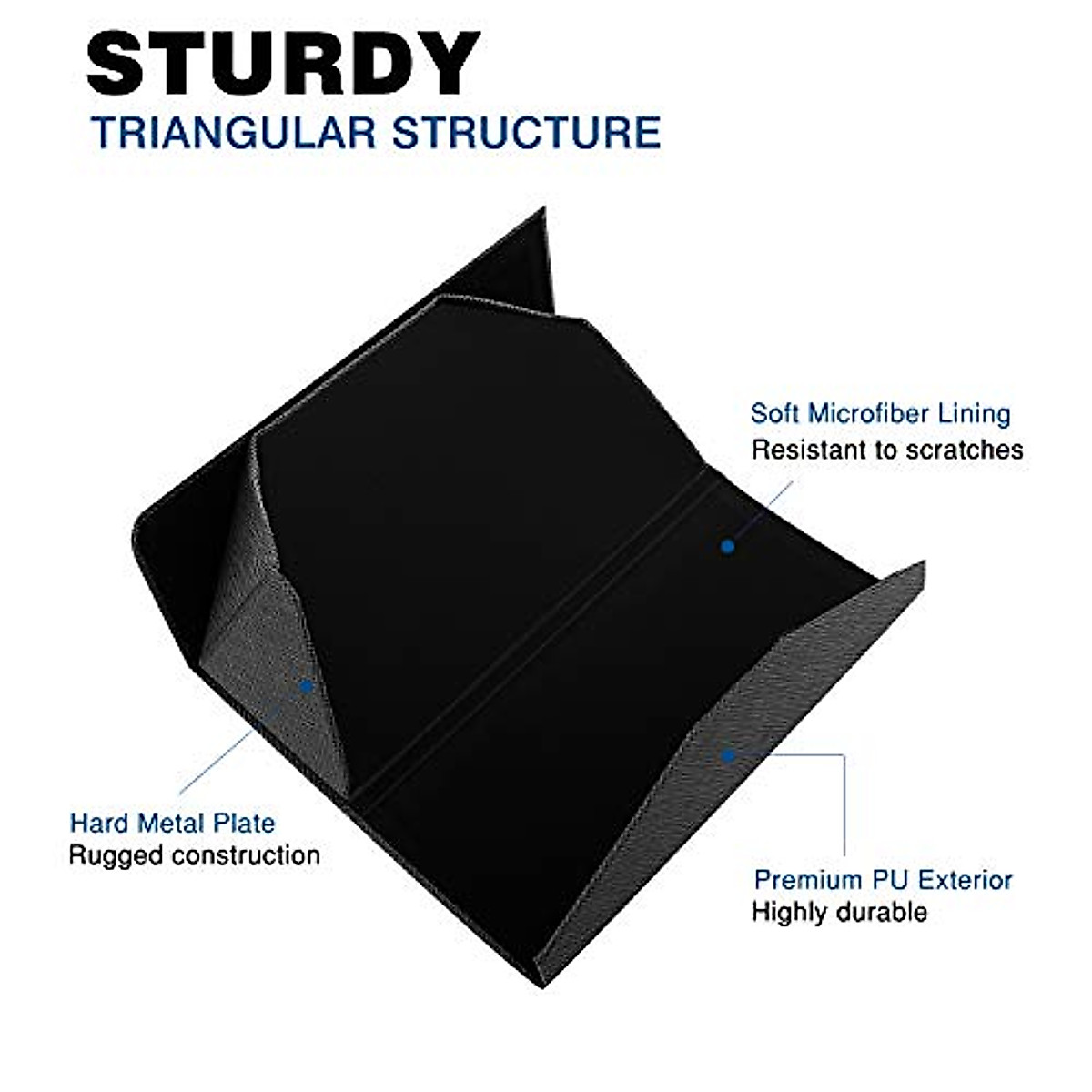 MoKo Foldable Eyeglass Case, PU Leather Portable Lightweight Sunglasses Storage Triangular Fold Case Eyewear Protector Box with Magnet Closure and Cleaning Cloth for Men Women Youth Kids, Black