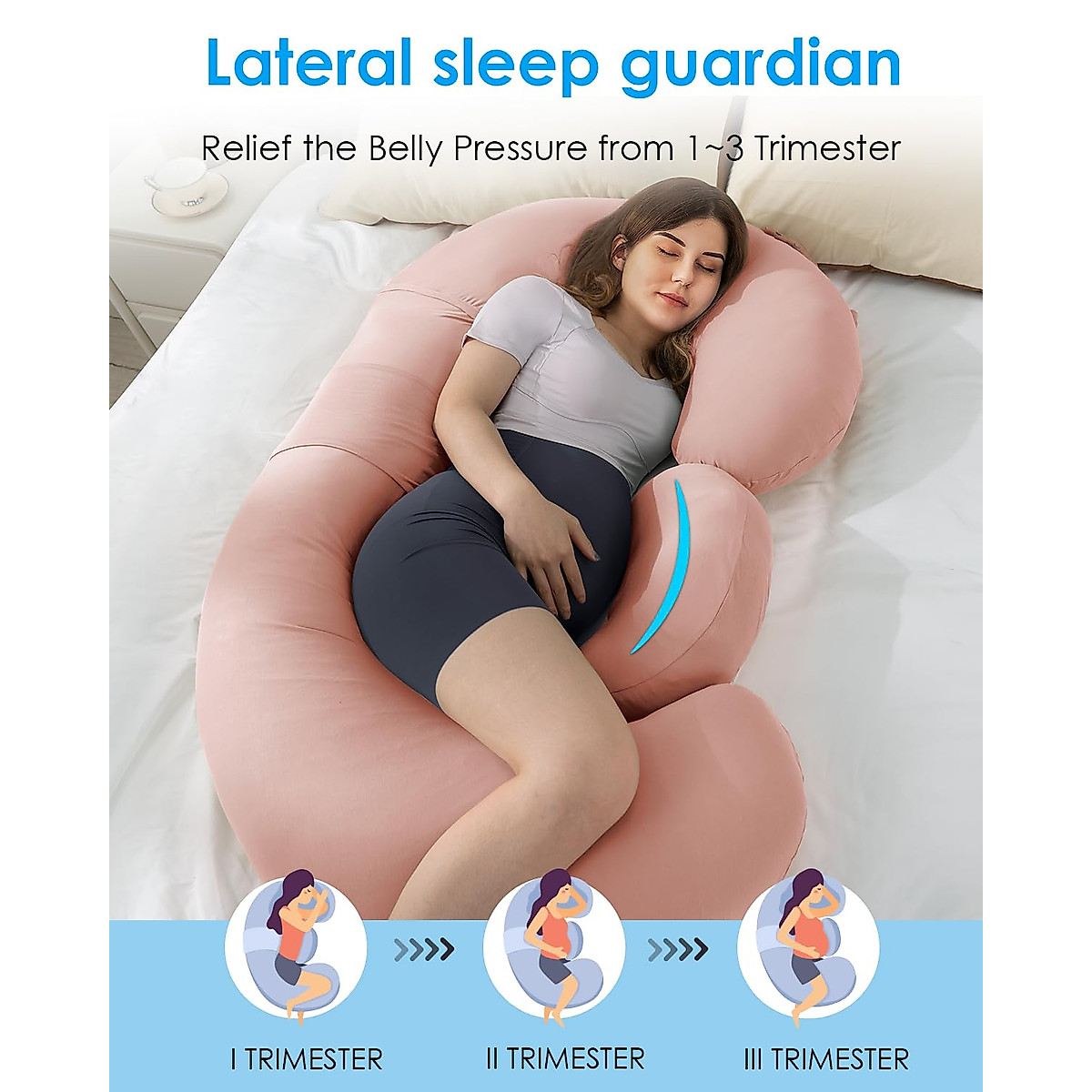 QUEEN ROSE Cooling E Shaped Pregnancy Pillows, Detachable Body Pillow for Sleeping, with Pregnancy Wedge Pillow for Belly Support, Cooling Rayon Cover,Pink