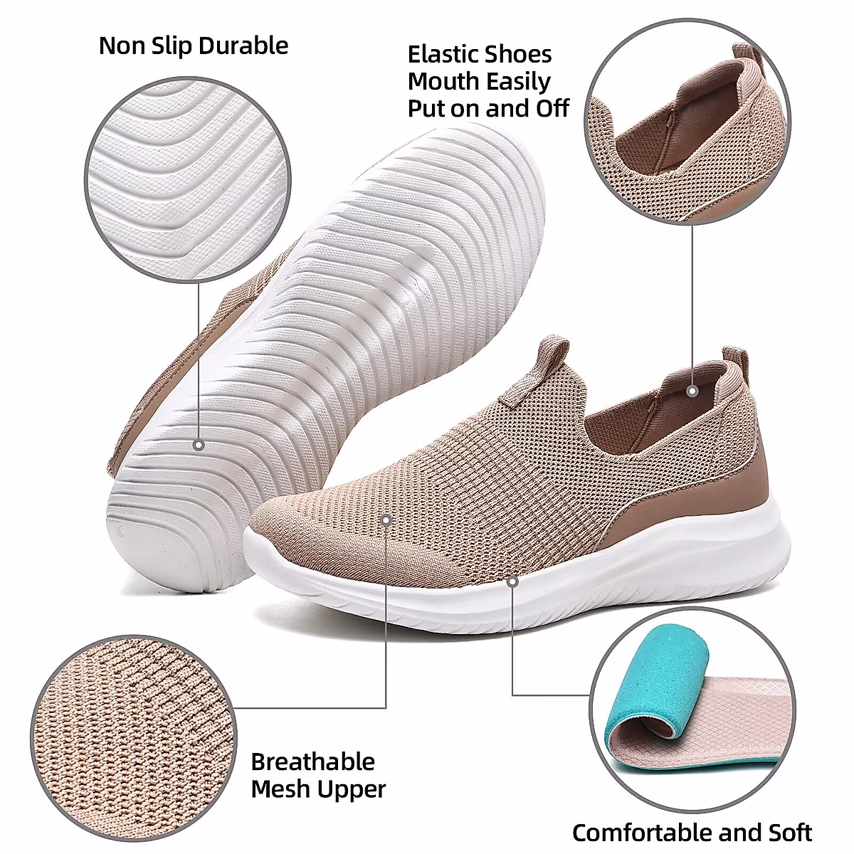TIOSEBON Women's Walking Tennis Shoes Knit Slip on Mesh Comfortable Sneaker 2229 Light Brown US 8.5