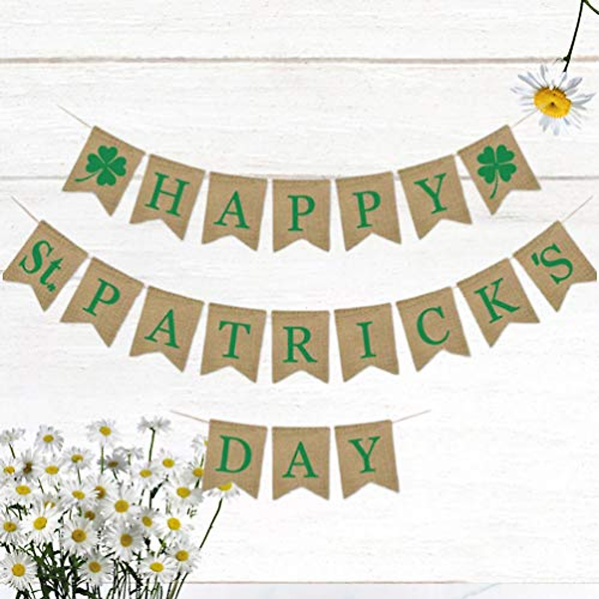 Amosfun Happy St. Patricks Day Burlap Banner St Patricks Day Bunting Garland Banner St. Patricks Day Party Favors Pull Flags Party Decorations 1PCS
