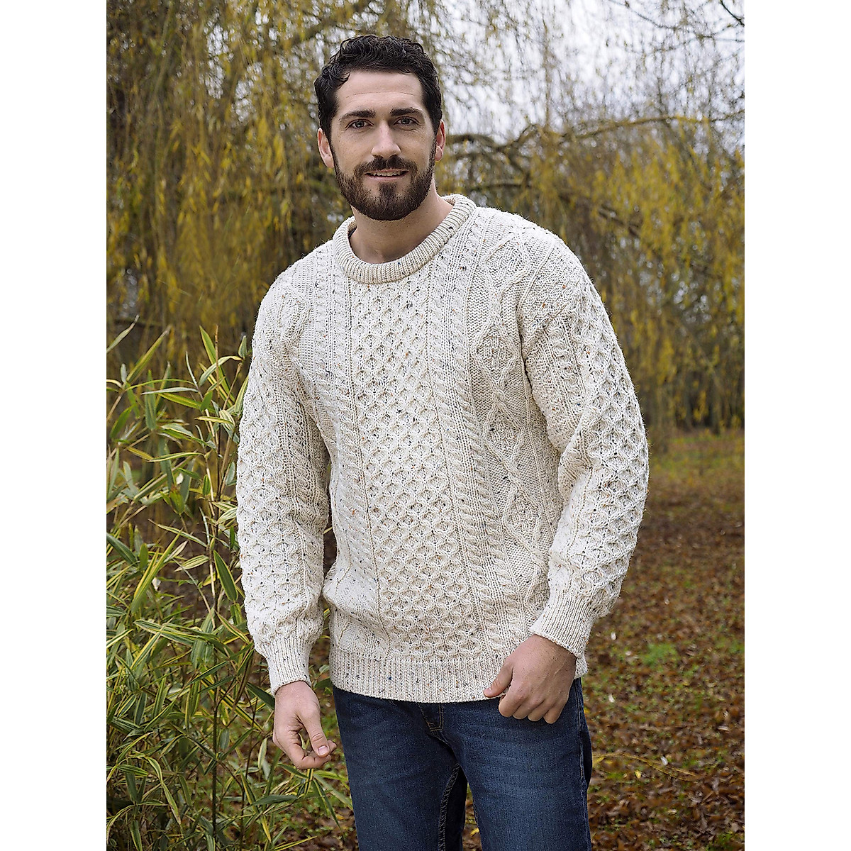 Aran Crafts Irish Soft Cable Knitted Wool Crew Neck Unisex Sweater (C1347-LARGE-FLK)