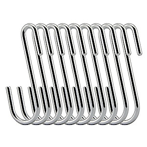 RuiLing Chrome Finish Steel S hook Cookware Universal Pot Rack Hooks Sturdy Hanging Hooks - Multiple uses for Kitchenware, Pots, Utensils, Plants, Towels - Set of 10