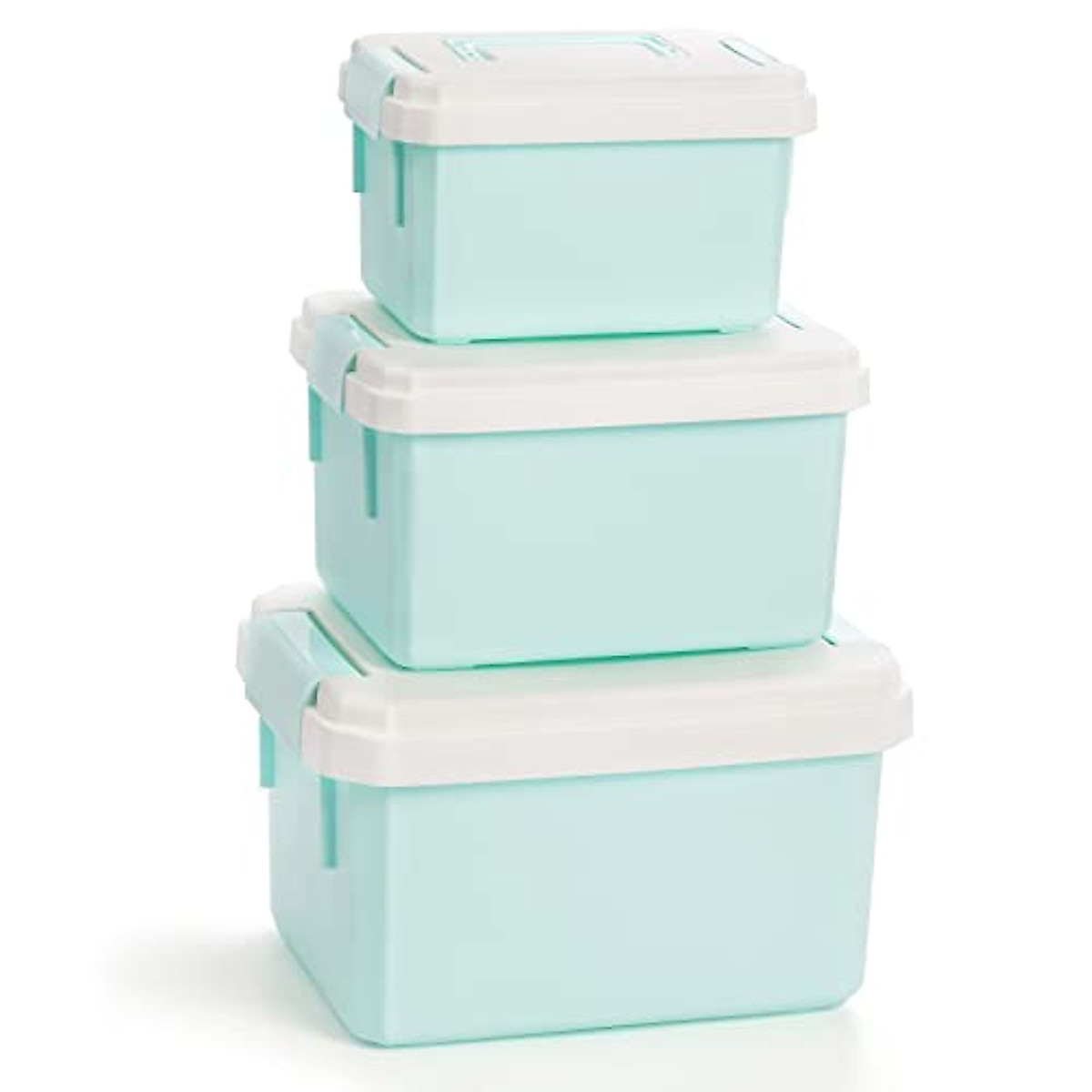 Jucoan 3 Pack Plastic Storage Latch Bin with Lid, 2.5/4.5/8.5 Quart Stackable Plastic Storage Bin Tote Organizing Container with Latches and Folding Handle for Toys, Snacks, Stationary