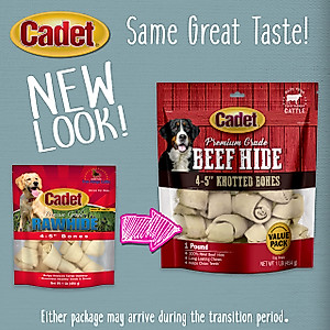Cadet Premium Grade Beef Hide for Dogs, Long Lasting Rawhide Knotted Bones Single Ingredient Dog Chews, 4"-5" Dog Bones, 1 Pound