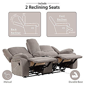 24/7 Shop at Home Joe Transitional Oversized Nursery Glider Chairs for Adults, Manual Comfy Reading Couch, Overstuffed Reclining Sofa, Adjustable Theater, Living Room, 2-Seat, Gray