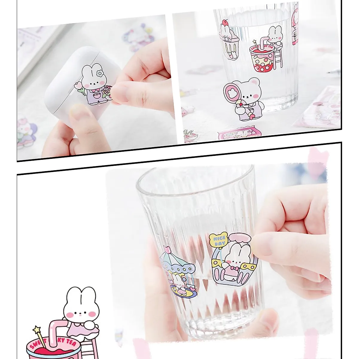 TANG QIRA Kawaii Stickers Set(4 Pack),Cute Stickers Cartoon Bunny Decoration Waterproof Stickers for Water Bottle Scrapbook Planners Gift Packing Scrapbooking Album Planner Journal Arts DIY Craft