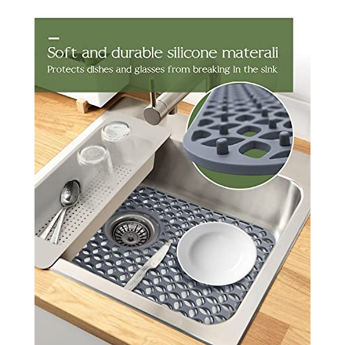 Silicone Sink Mat - Sink Protectors for Kitchen Sink Kitchen Sink Protector Grid Accessory Folding Non-slip Sink Mats Sink Rack for Bottom of Sink(1Pack - Rear Drain Mat - Grey,13.58 ''x 11.6 ''）