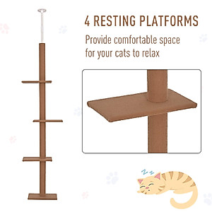 PawHut Floor-to-Ceiling Cat Tree Cat Climbing Tower with Sisal-Covered Scratching Posts Natural Cat Tree Activity Center for Kittens Cat Tower Furniture, Brown
