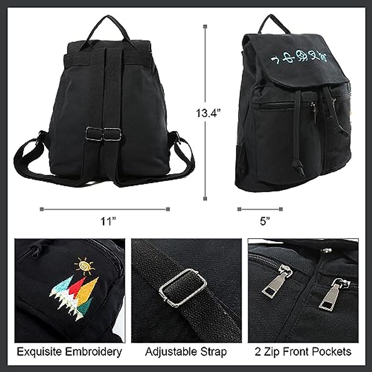 Canvas Backpack Purse for Women Men, Fashion Embroidery Casual Backpack Casual Travel Rucksack (Black)