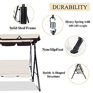 QZEN 3-Seat Porch Swing with Stand, Outdoor Patio Swing Chair with Adjustable Canopy and Durable Steel Frame for Patio, Backyard