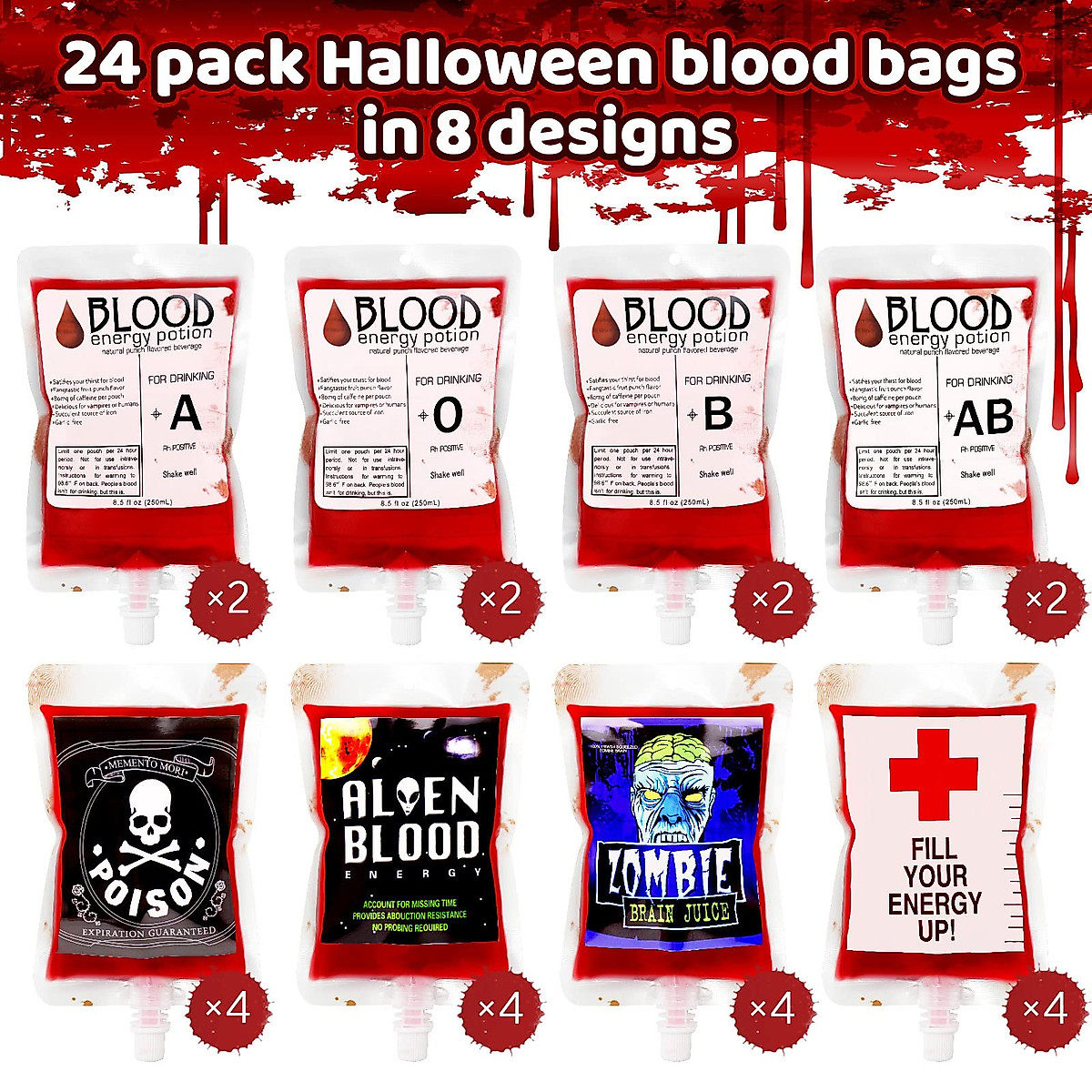 Hifunwu 24 Pack Halloween Blood Bags Party Supplies, Halloween Blood IV Bags for Halloween Party Favors Supplies