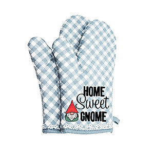 Oven mitts cute pair Home sweet Gnome funny kitchen Potholders BBQ Gloves cooking baking grilling non slip cotton BLUE