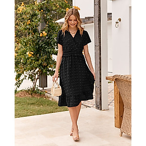 BTFBM Women's Summer Elegant Short Sleeve V Neck Swiss Dot Midi Dresses Cute Boho High Waist Long Dresses A-Line Ruffle Dress（Solid Black,X-Large