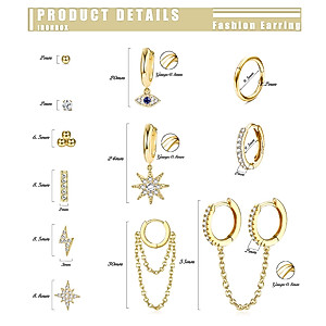 IRONBOX Earrings Set with 14K Gold Plated Huggie Hoop Studs (12Pairs) for Women Small Dainty Minimalist Chain Earrings Cartilage CZ Ball for Multiple Piercing