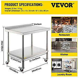 VEVOR Stainless Steel Prep Table, 24 x 15 x 35 Inch, 440lbs Load Capacity Heavy Duty Metal Worktable with Backsplash Adjustable Undershelf & 4 Casters, Commercial Workstation for Kitchen Restaurant