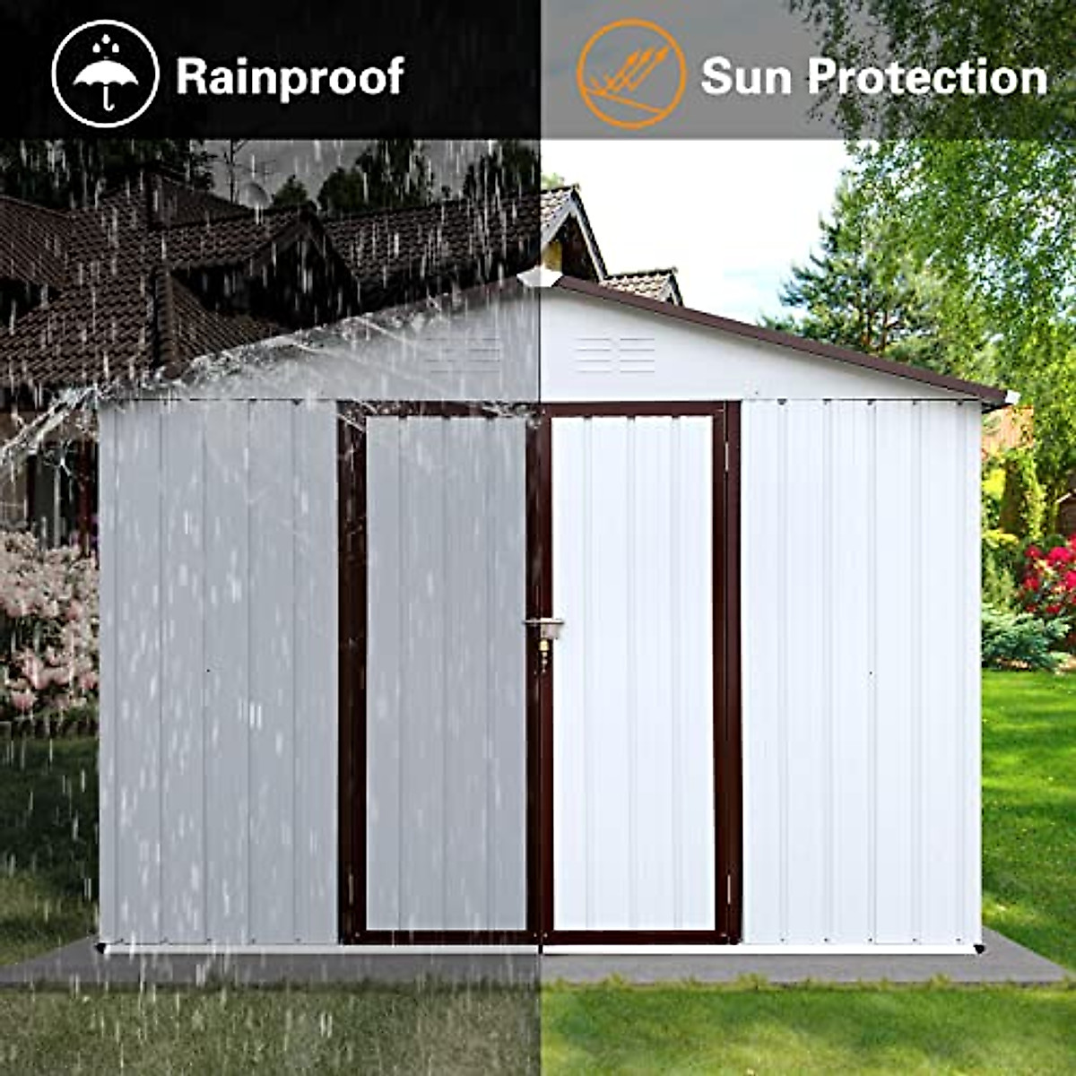 RITSU 6Ft x 8Ft Metal Sheds & Outdoor Storage Clearance, Outdoor Storage Cabinet with Lockable Double Doors & Shutter Vents for Backyard Patio Lawn, White+Coffee